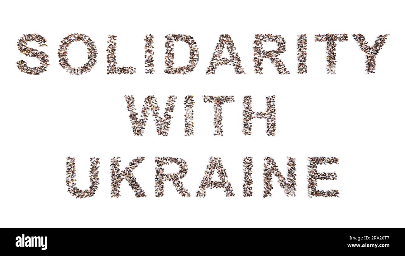 Conceptual large community of people forming SOLIDARITY WITH UKRAINE ...