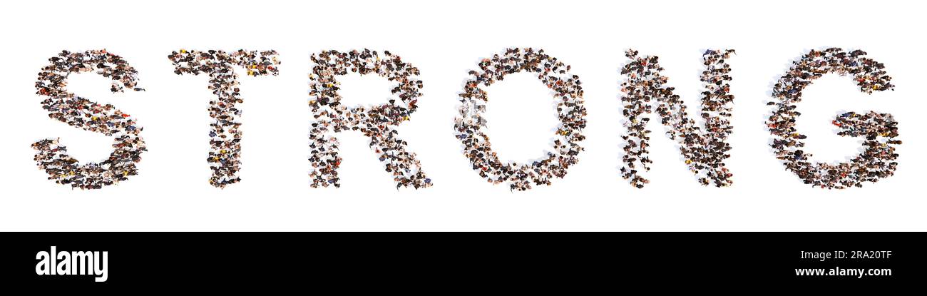 Concept or conceptual large community of people forming the word STRONG ...