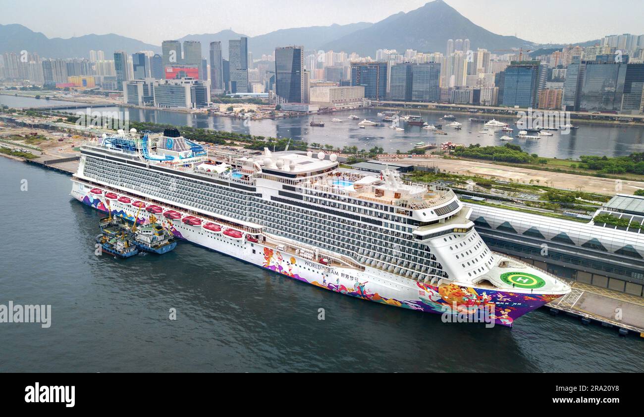 Aerial drone view of the giant cruise ship World Dream docked in Hong ...