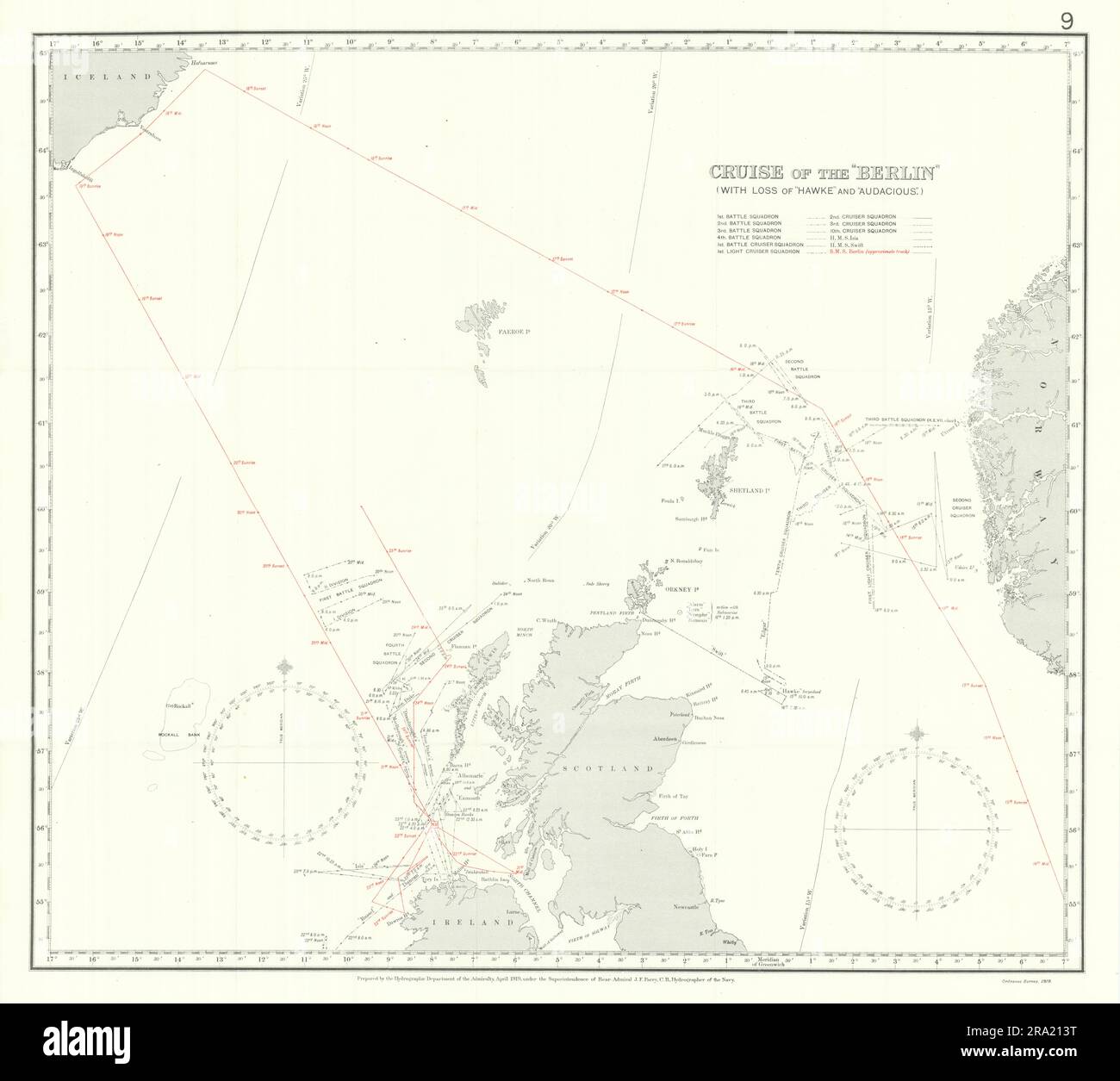 SMS Berlin route. Loss of HMS Hawke & Audacious 1914. First World War ...