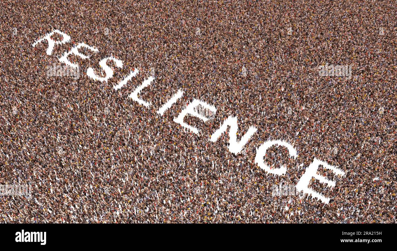 Concept onceptual large community of people forming the word RESILIENCE ...