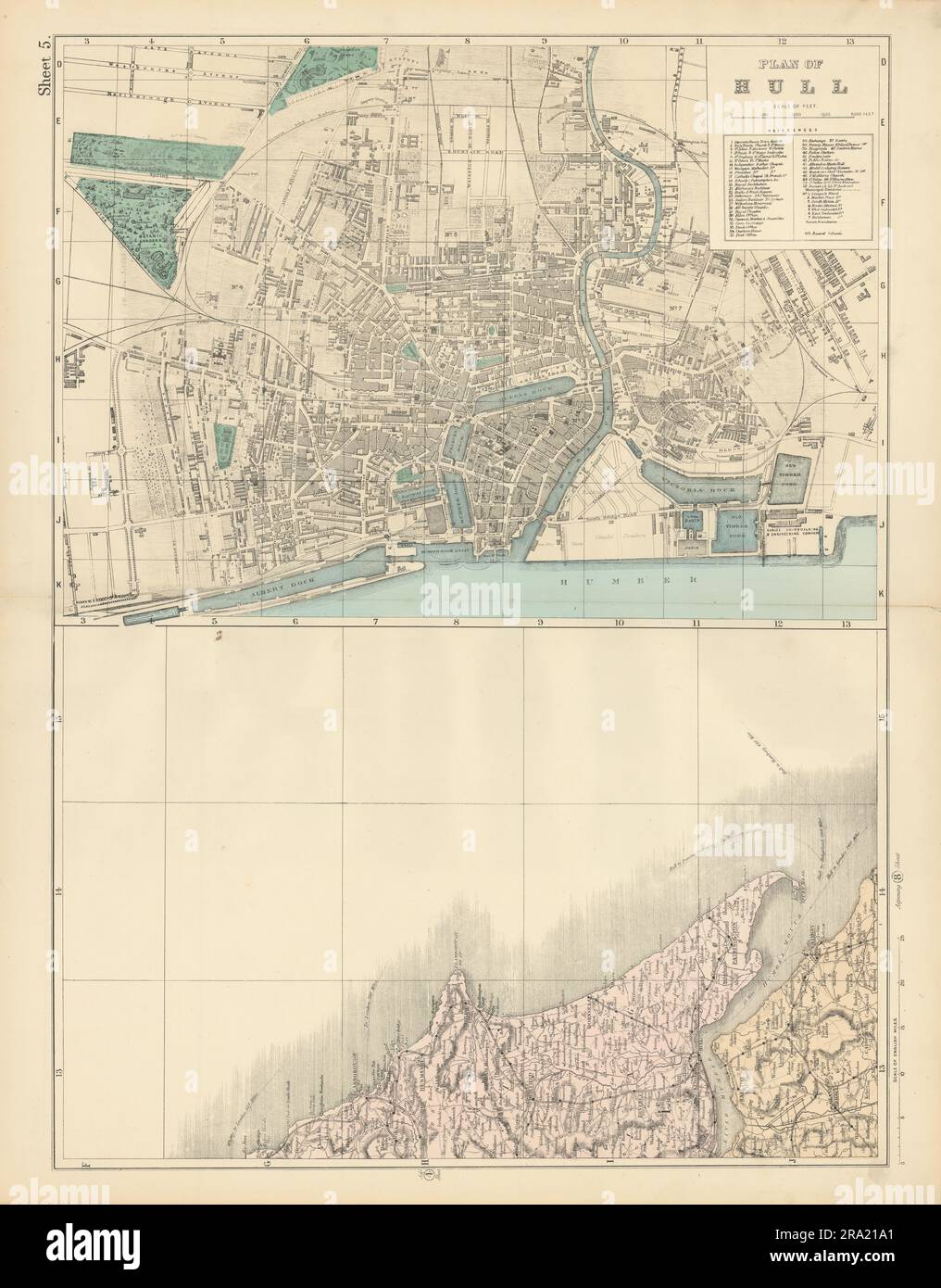 Yorkshire Coast & Humberside. Hull antique city plan. BACON 1883 old ...