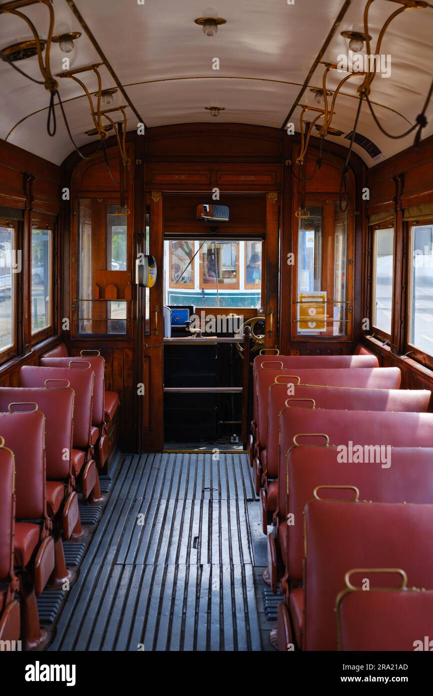 The inside of a traditional tram in Porto, Portugal, 2023 Stock Photo ...
