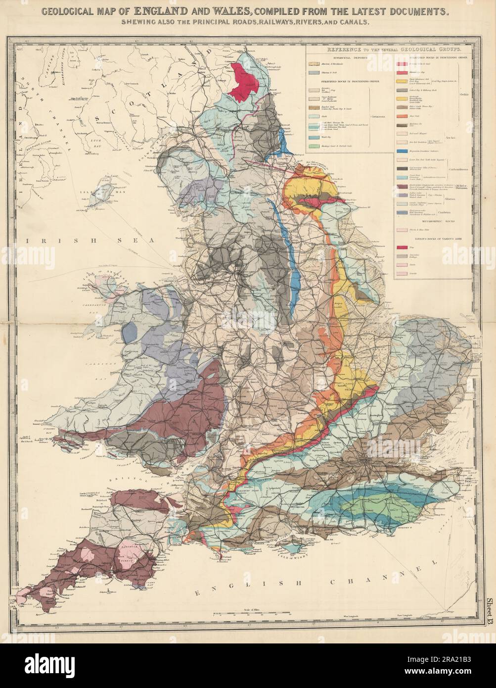 Geological map of England and Wales, by GW Bacon 1883 old antique chart ...