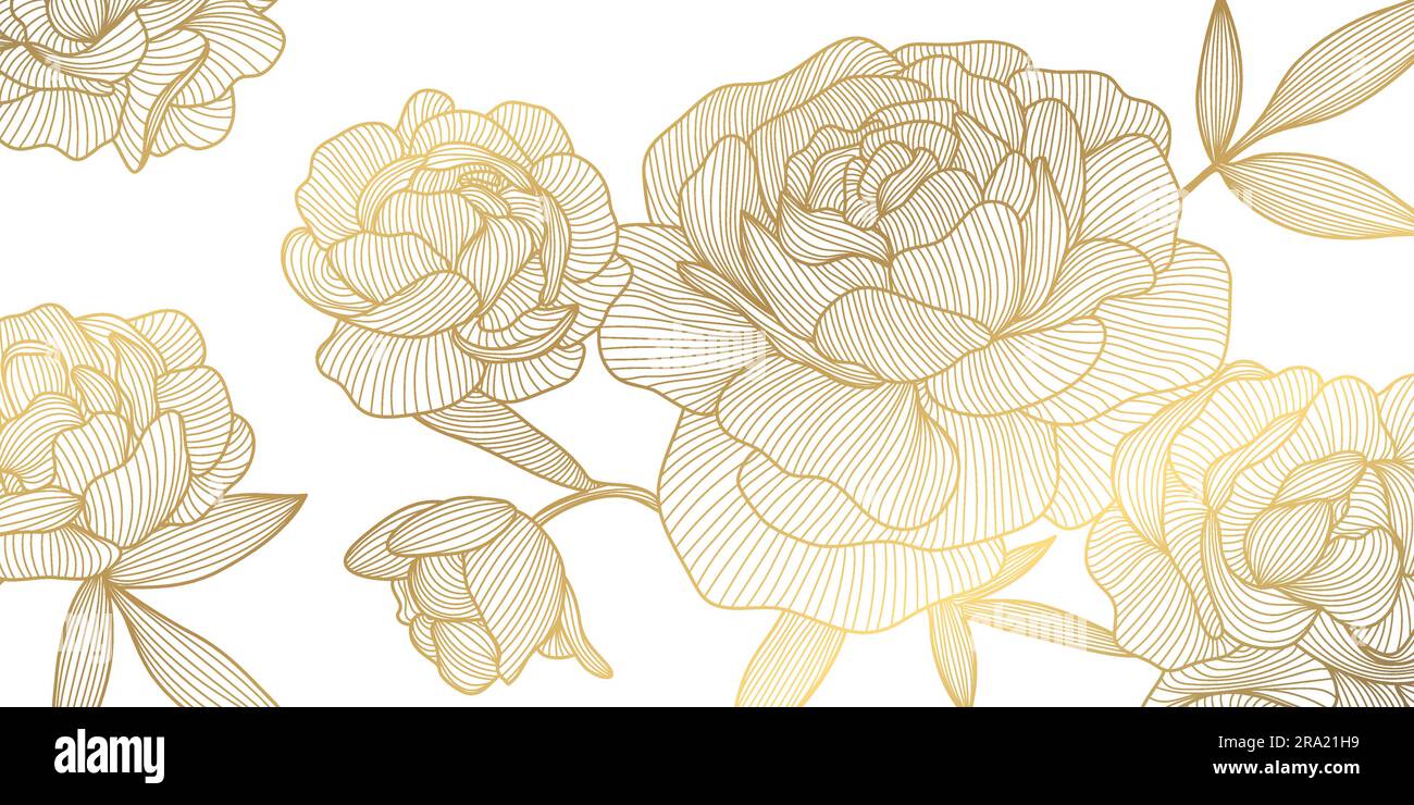 Vector flower golden pattern, roses line japanese style illustration ...