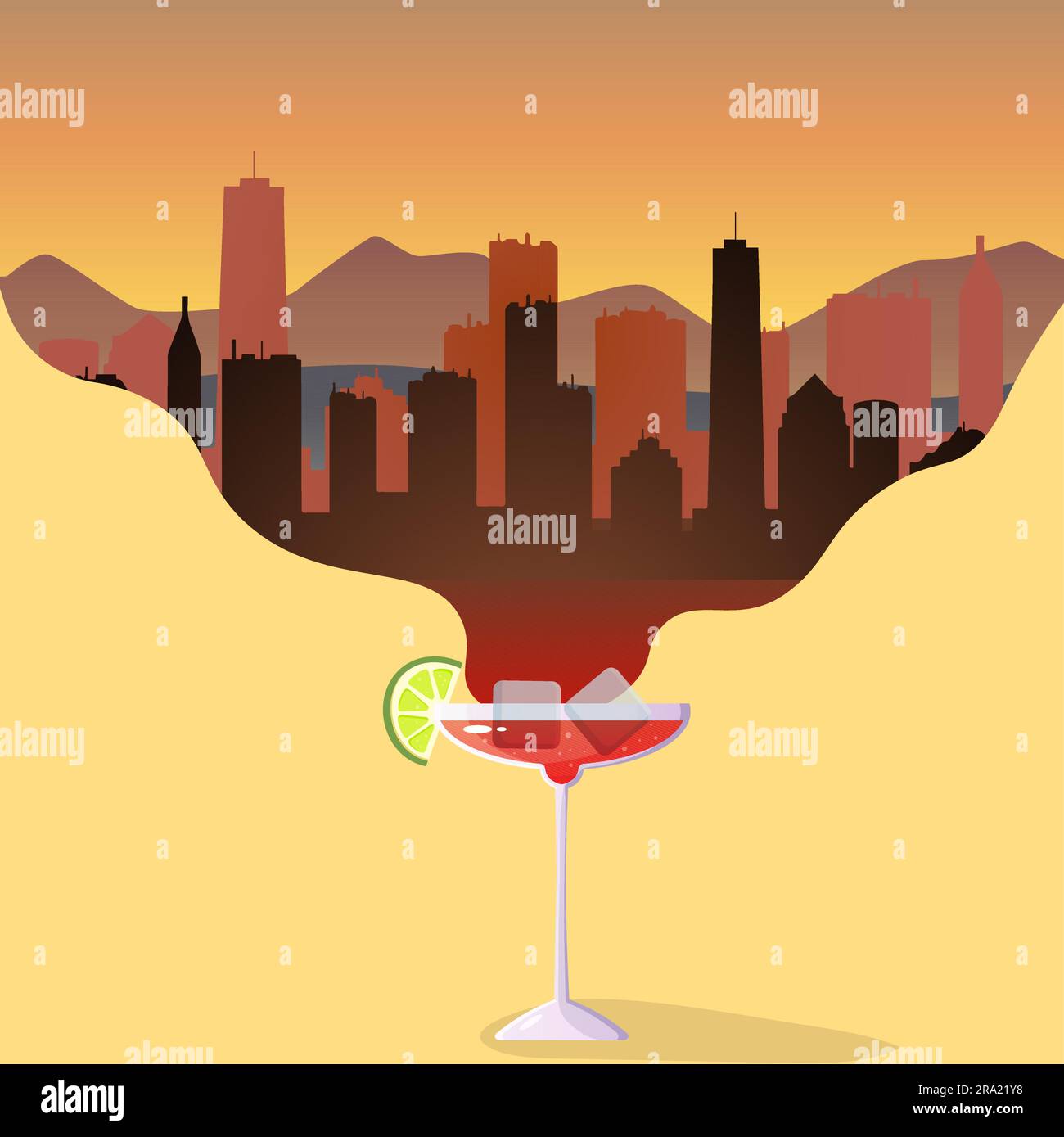 Out of the cocktail manhattan comes the city at sunset. Vector ...