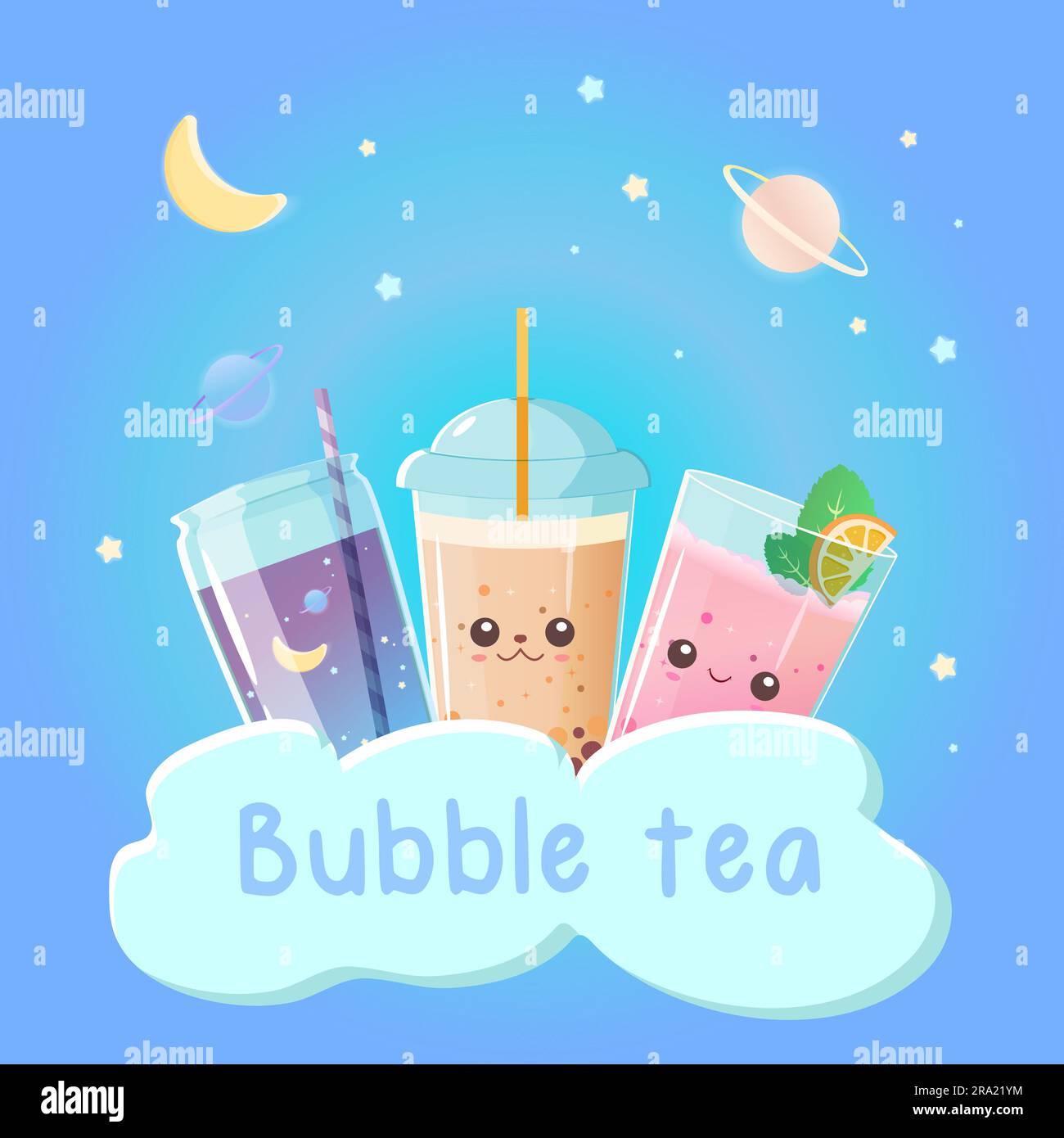 Set of bubble tea milk, fruit, on the background of the sky. Menu ...