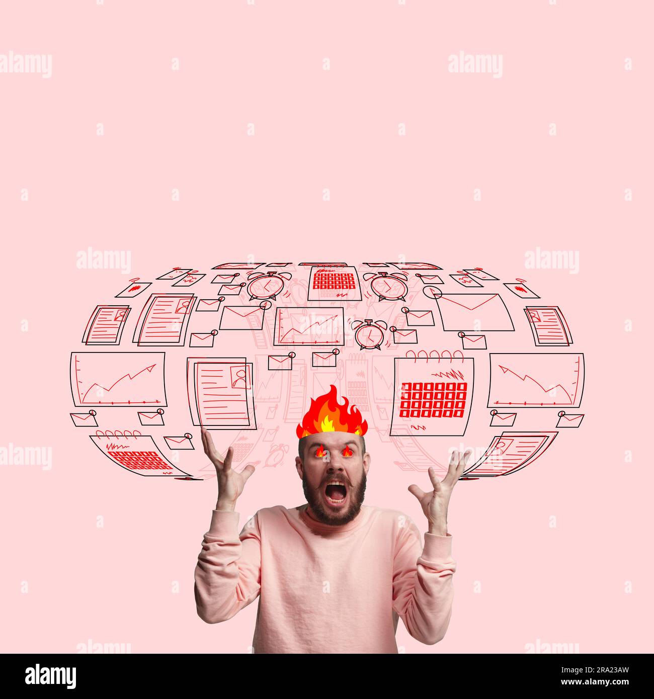 Burning head. Man, employee feeling stressful and angry, having too ...