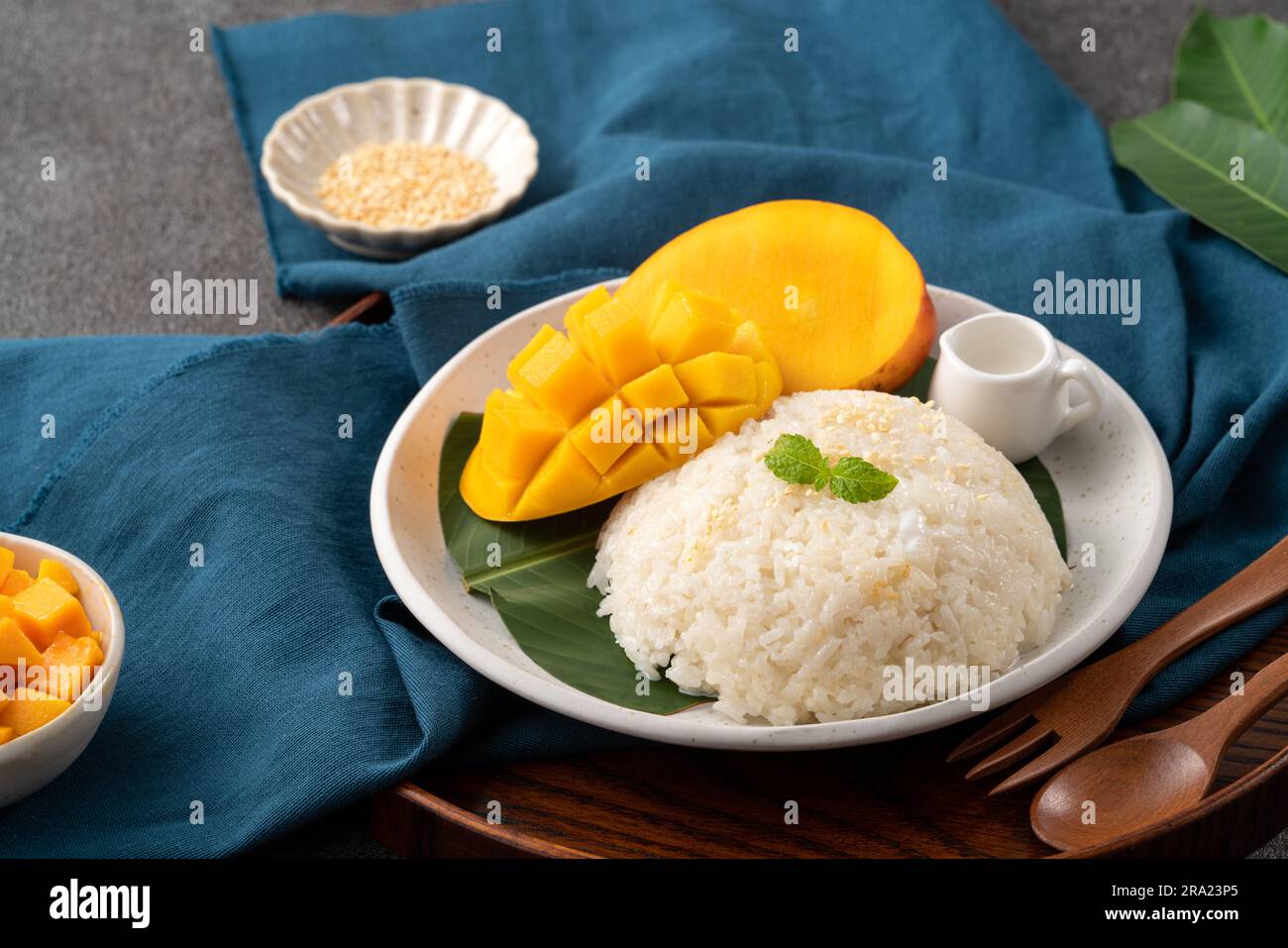 Delicious Thai mango sticky rice with cut fresh mango fruit in a plate ...