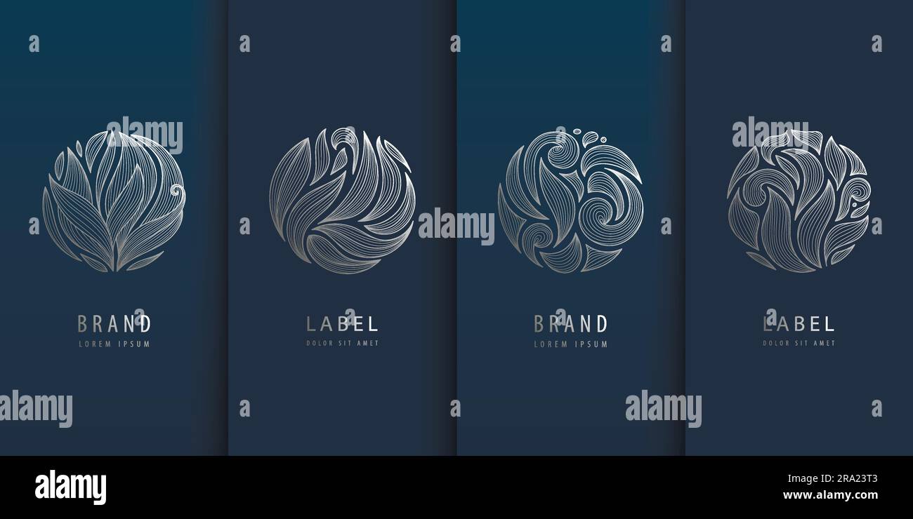 Vector set of wavy line logos, wine, jewelry, perfume, tea, yoga and ...