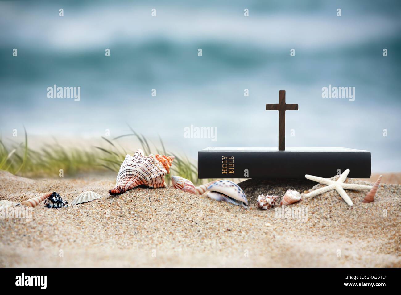 Church summer retreat concept with bible book, cross of Jesus Christ ...