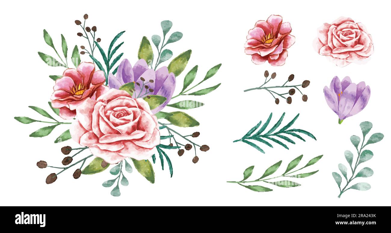 Floral border bouquet with isolated flowers and leaves watercolor ...
