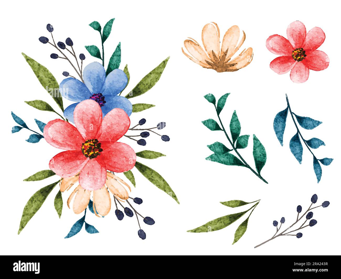 Botanical set of flowers and leaves, watercolor floral bouquet on ...