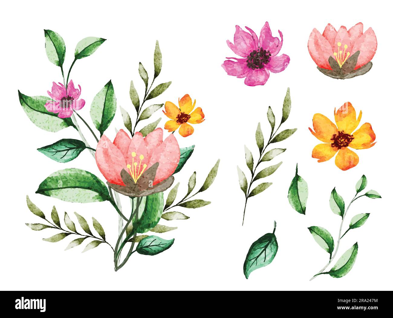 Watercolor spring flowers and leaves collection with floral bouquet ...
