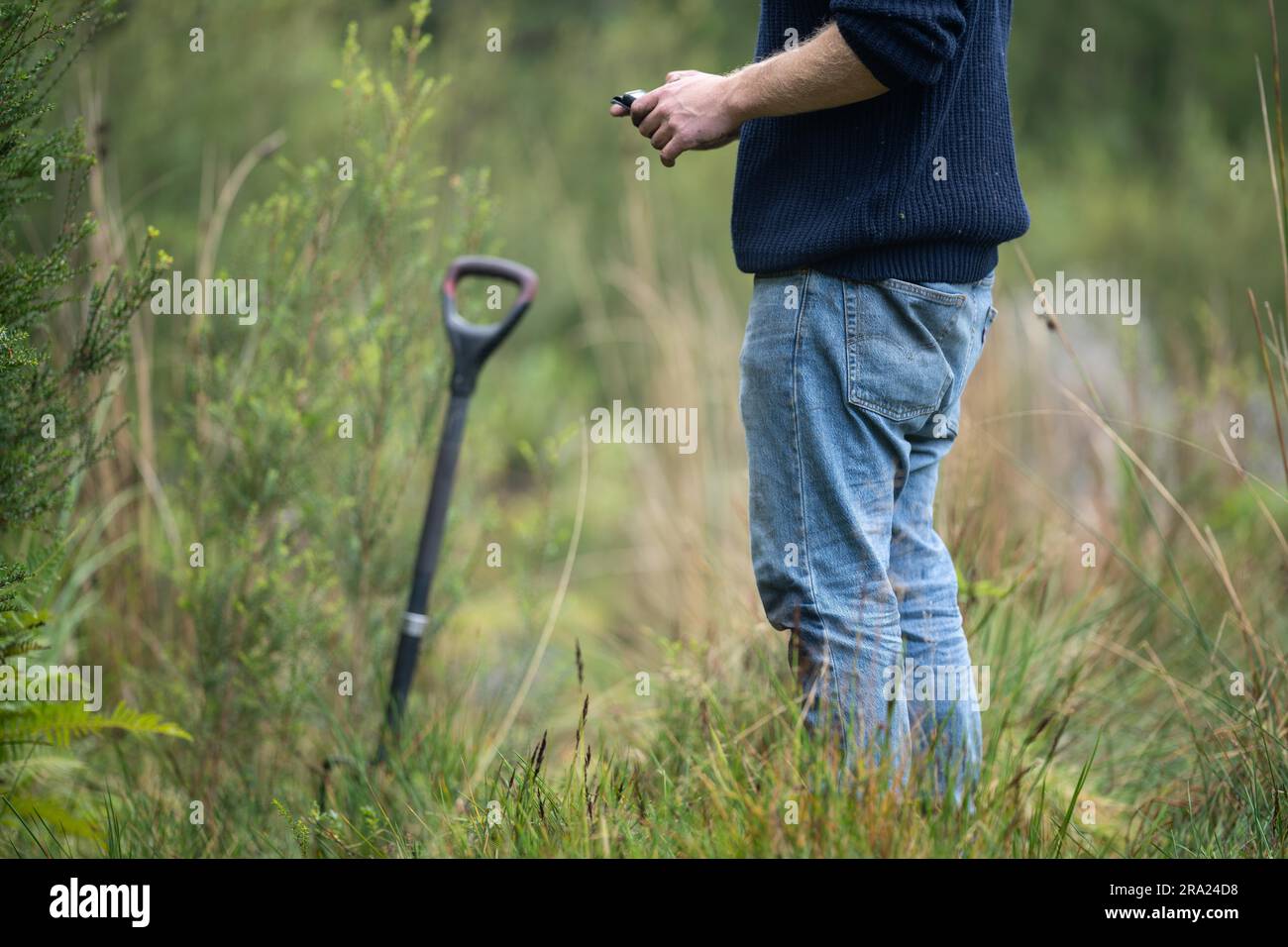 farmer in agriculture looking at a soil sample, on a farm in spring ...
