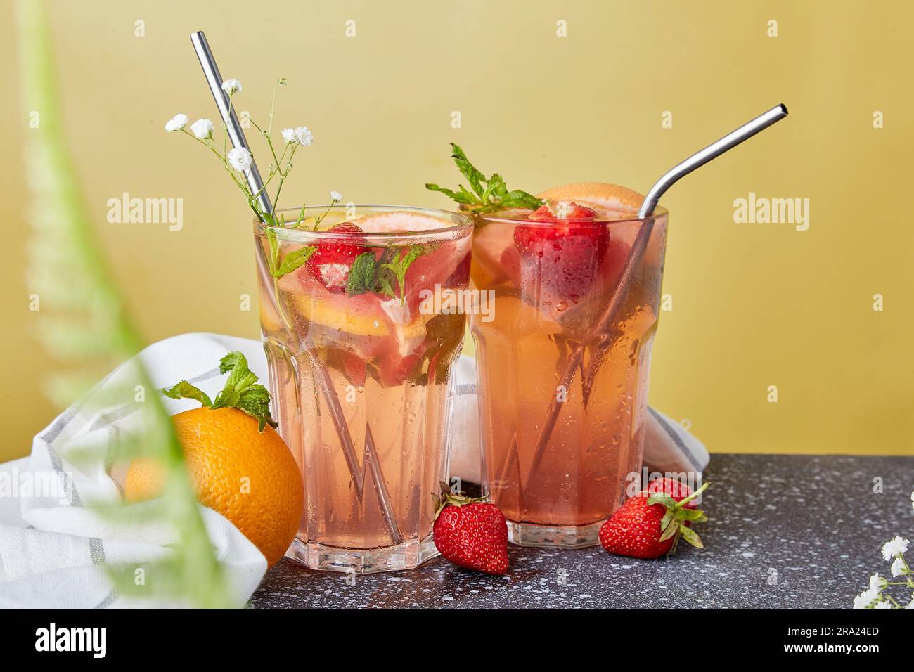 Aesthetic refreshing cocktails with citrus fruits and strawberries ...