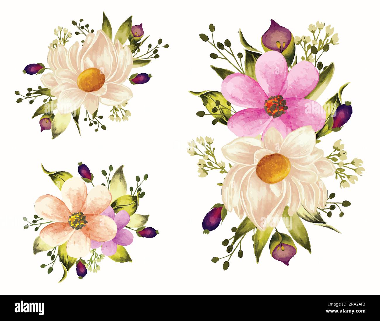 Watercolor bouquet vector painting with flowers and leaves Stock Vector ...