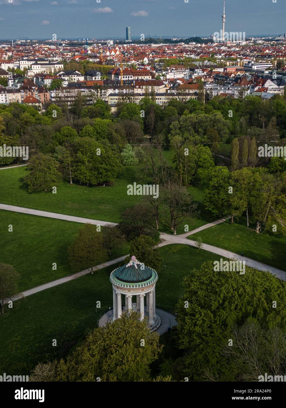 a drone shot from the famous Monopteros pavillon in Munich, English ...