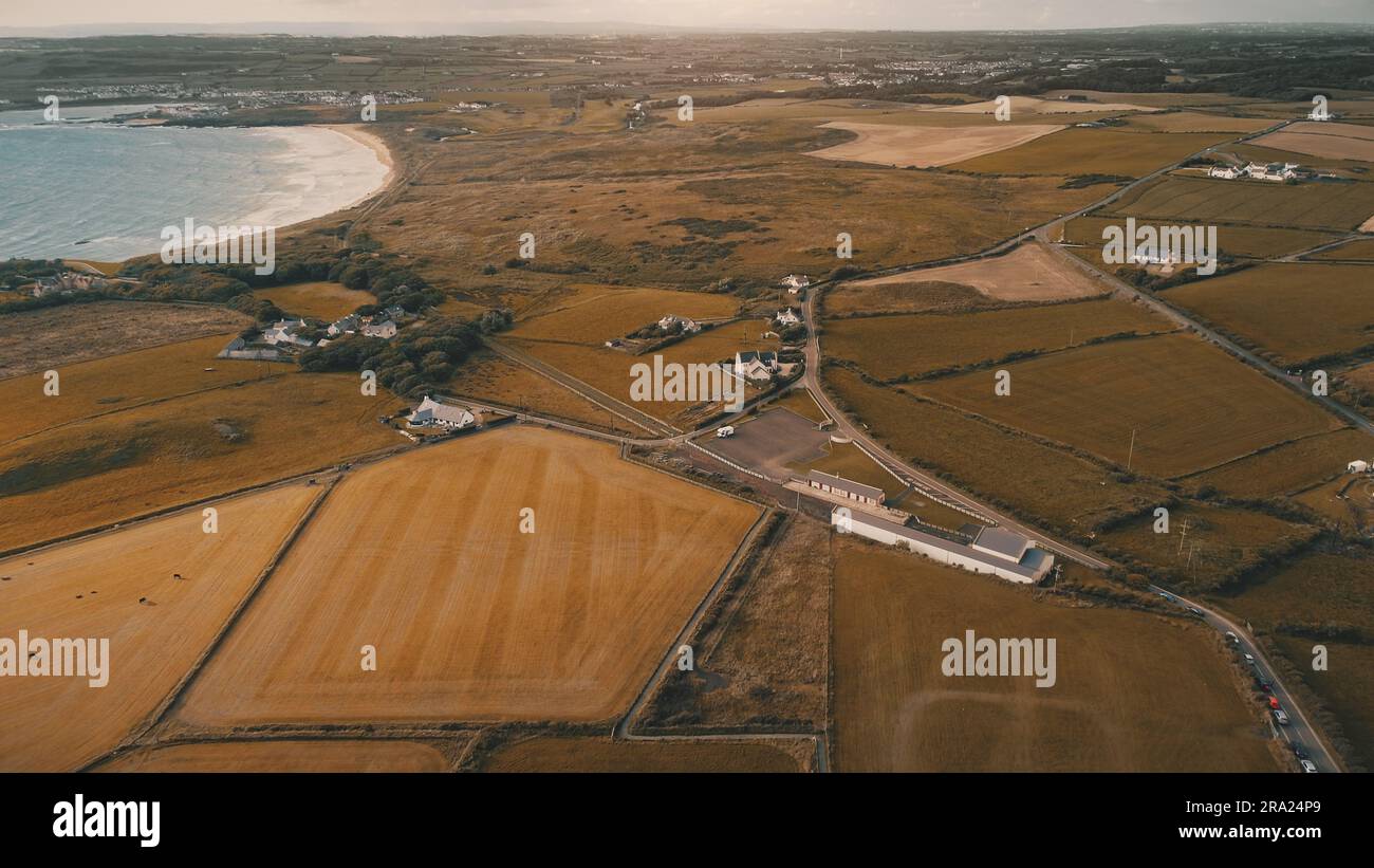 Autumn farmland road at sea bay aerial. Nobody nature landscape. Yellow ...