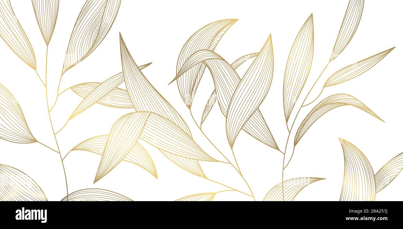 Vector art deco luxury leaf line pattern, golden background. Hand drawn ...