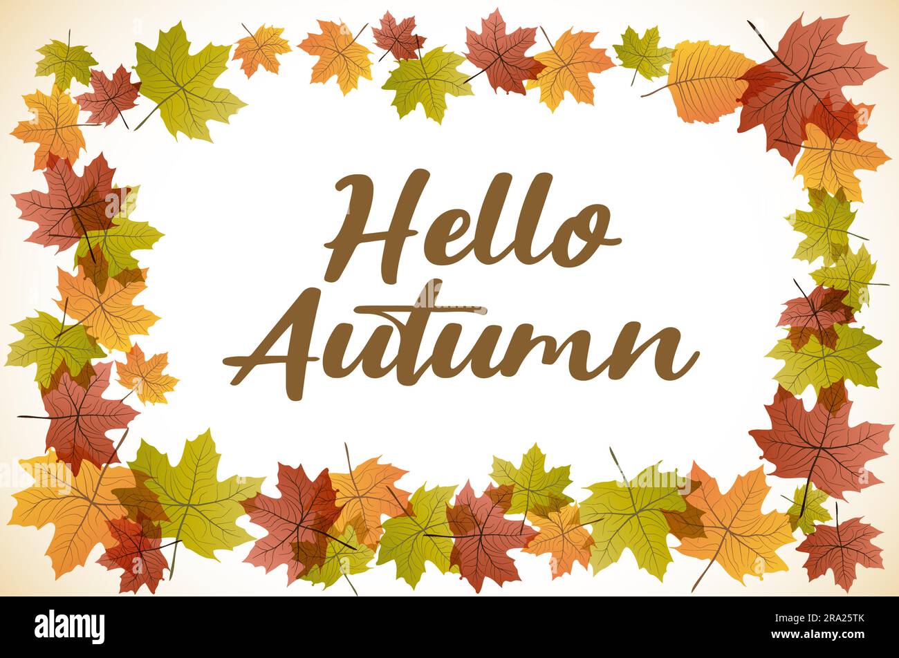 Hello Autumn with fall leaves. Vector background with text in the ...