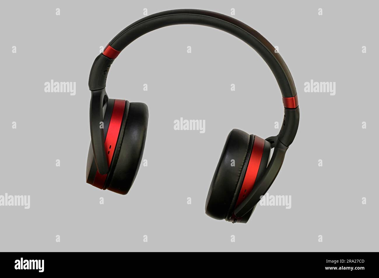 Wireless stereo headset. Black and red cordless headphones. Earphones ...