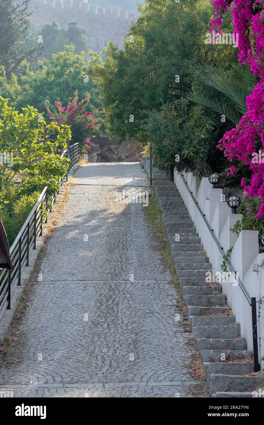 The road paved with stone, going up. Stone stairs - sidewalk Stock ...