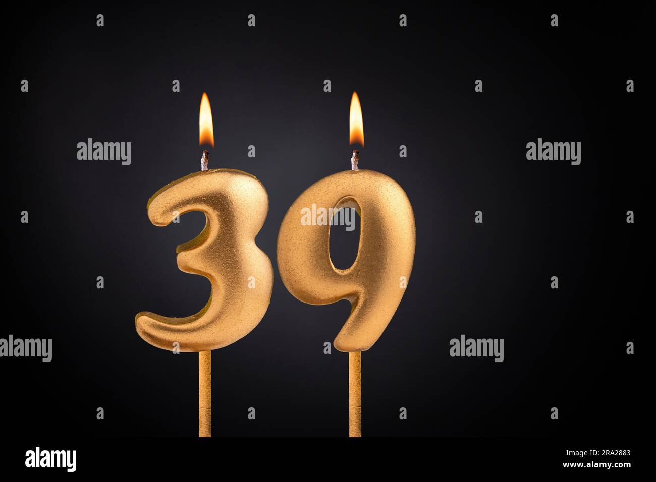 Golden candle 39 with flame - Birthday card on dark luxury background ...