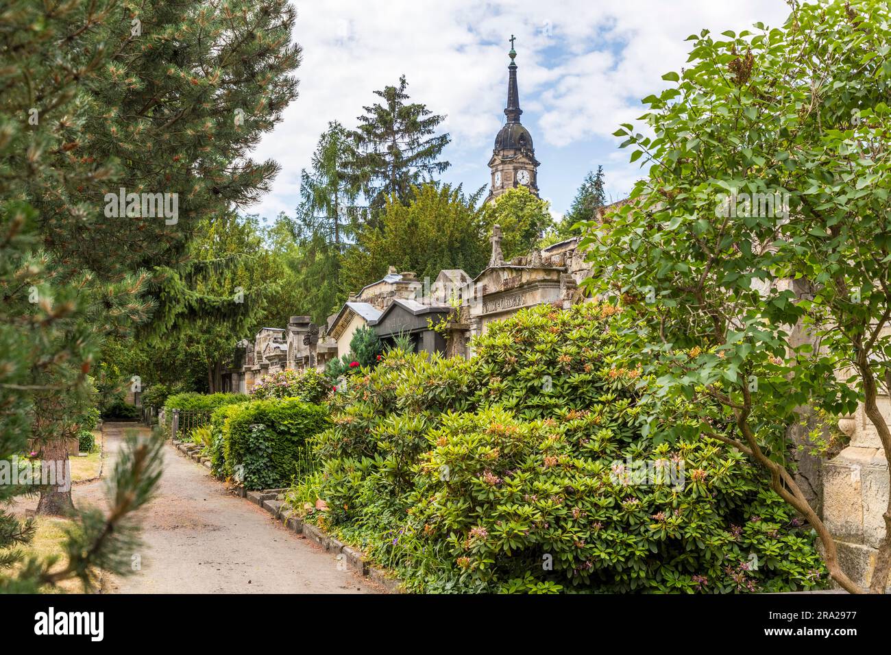 Old graves at the Trinitatis cemetery in Dresden, Germany. The cemetery ...
