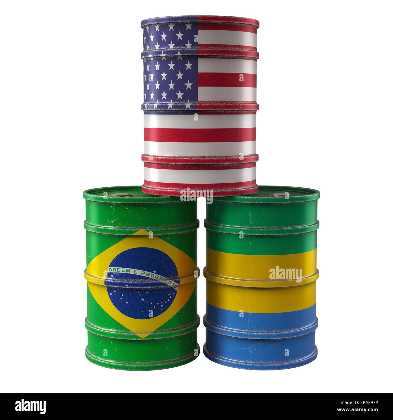Old Oil Drums with USA, Gabon and Brazil national flags. 3D Rendering ...