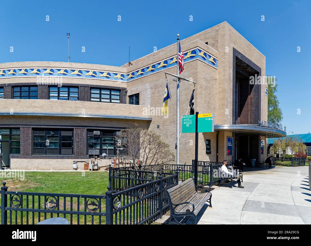 Blue and white flying fish encircle the Art Deco landmark Marine Air ...