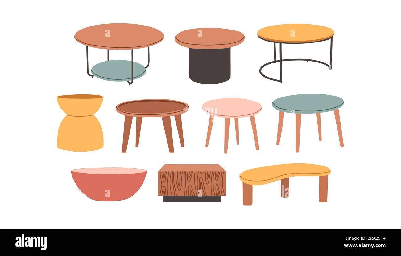 Set of tables in scandinavian style. Wooden flat coffee table. Vector ...