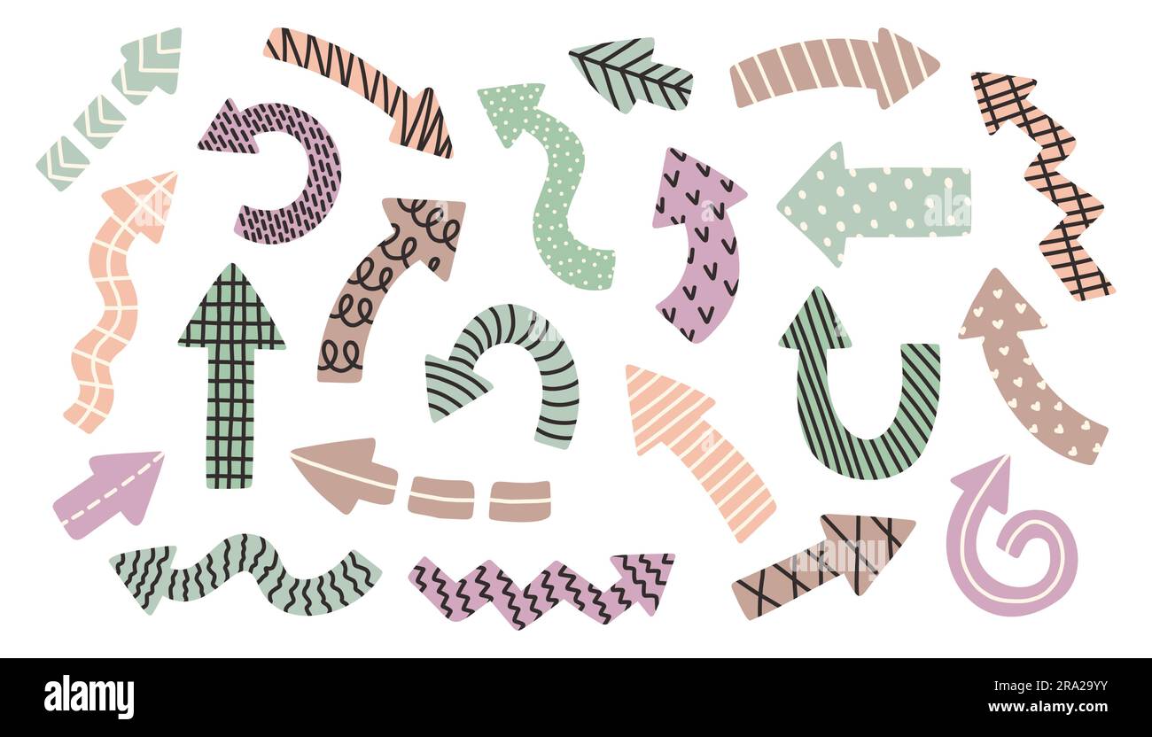 Hand Drawn Cartoon Pastel Arrow icon. Big set of vector flat arrows ...