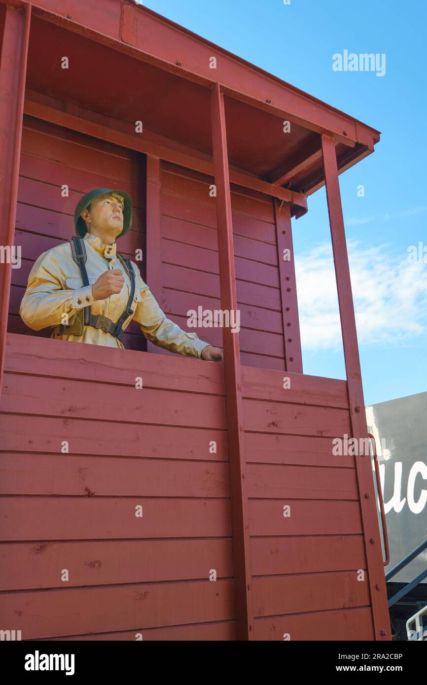 A recreation of a Red Army soldier standing guard on the back of a red ...
