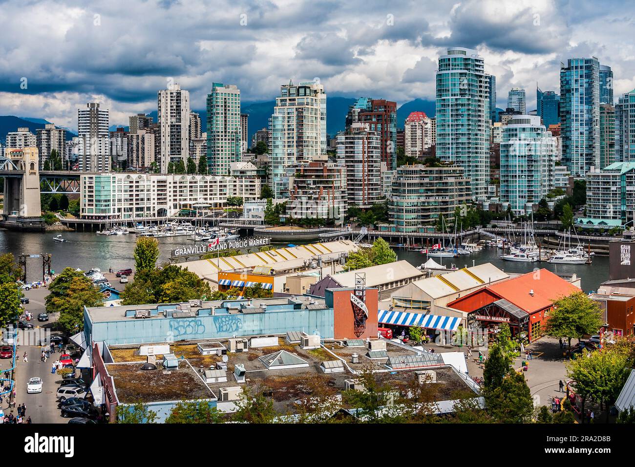 View of Vancouver, with the buildings of Granville Island and its bay ...