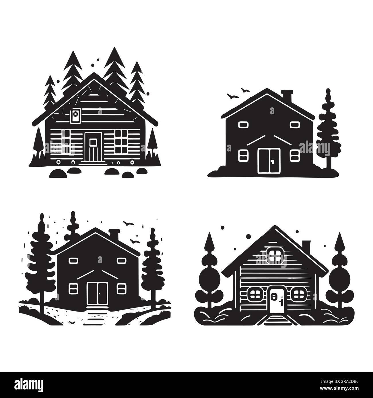 Set of log cabin and alpine fir tree vector illustrations. Masculine ...