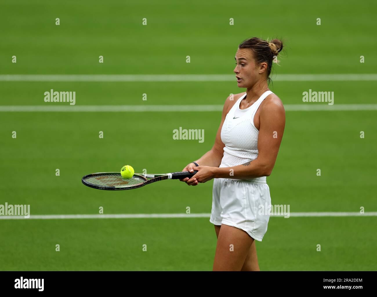 Aryna Sabalenka practices on Centre Court at the All England Lawn ...