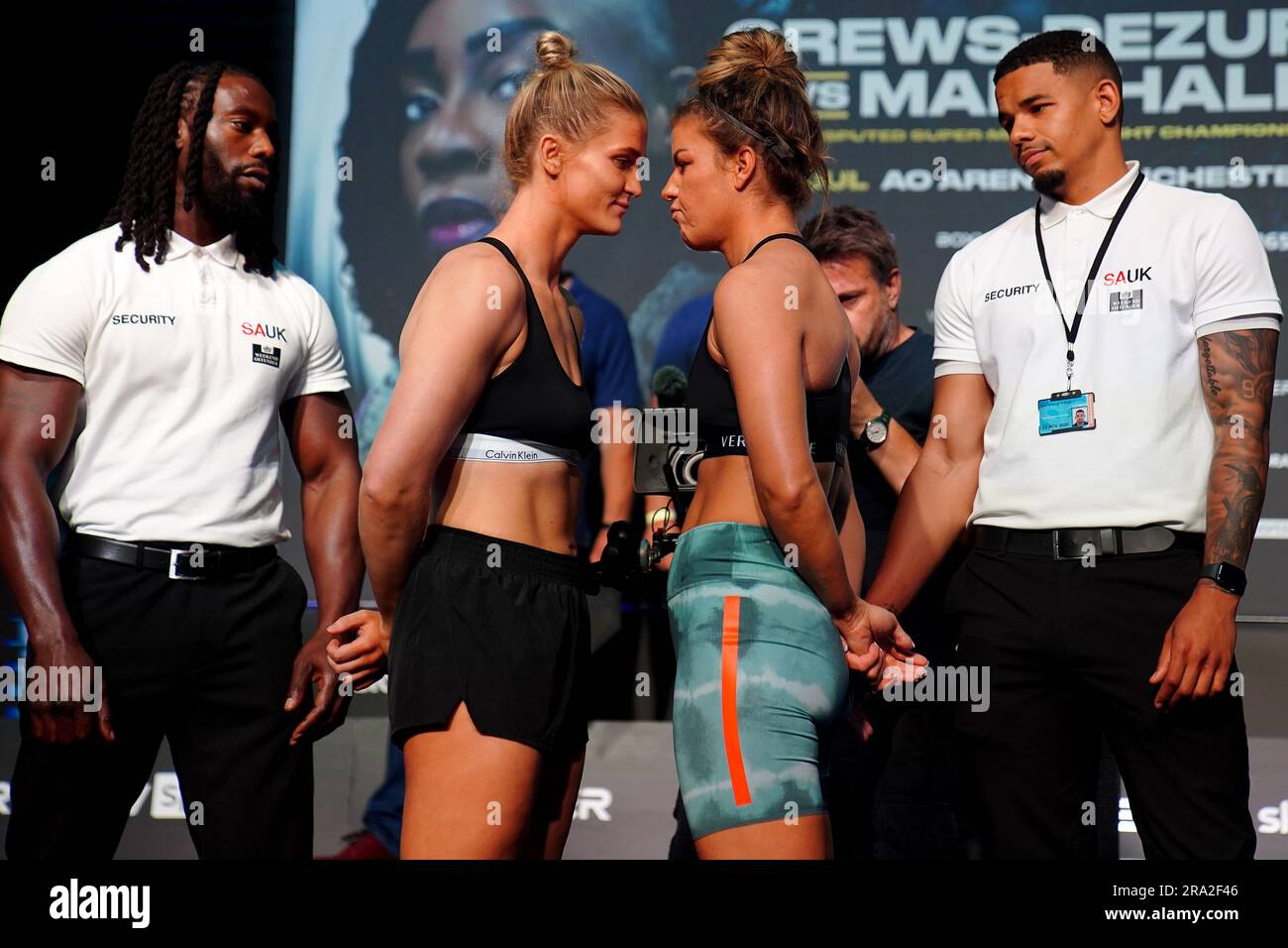Boxer April Hunter and Kirstie Bavington during a weigh in at the AO Arena, Manchester. Picture ...