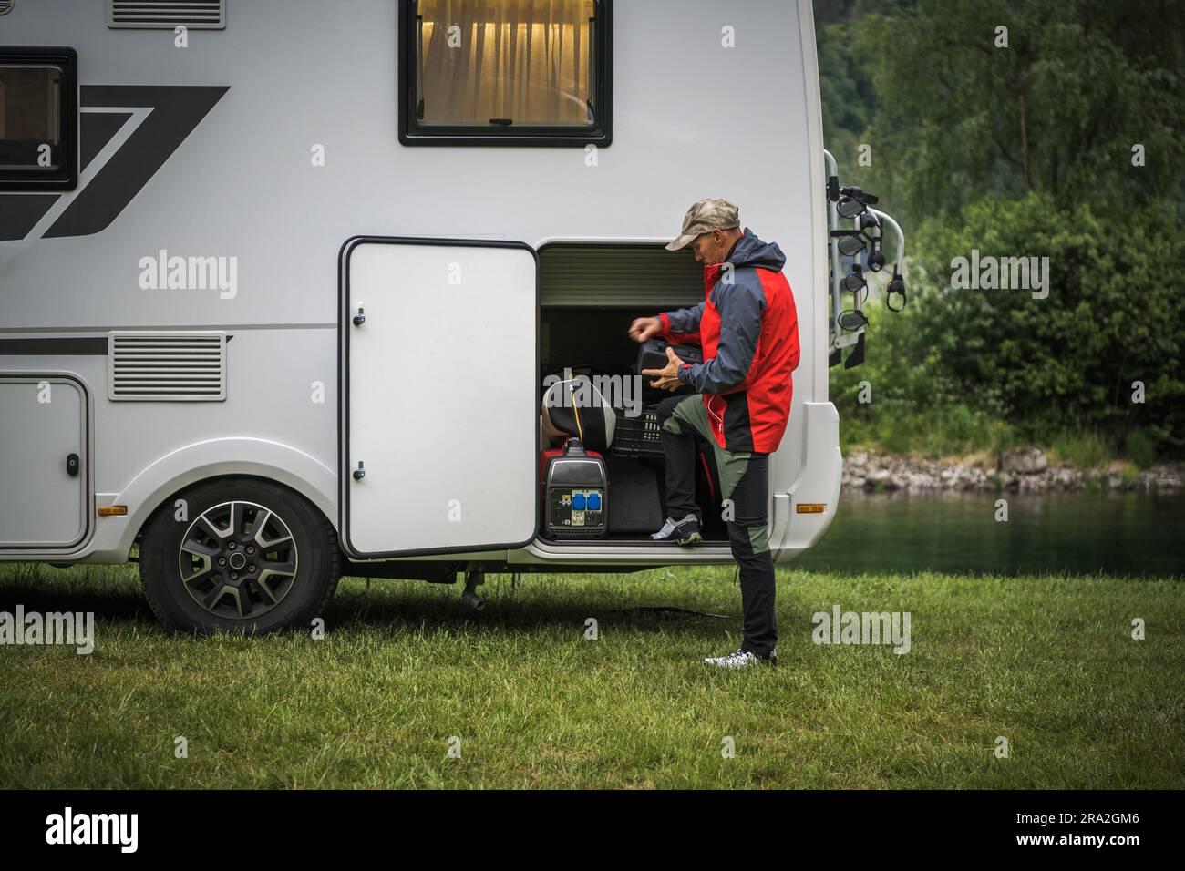 Man Leaving RV Park Campground and Checking His Motorhome Storage ...