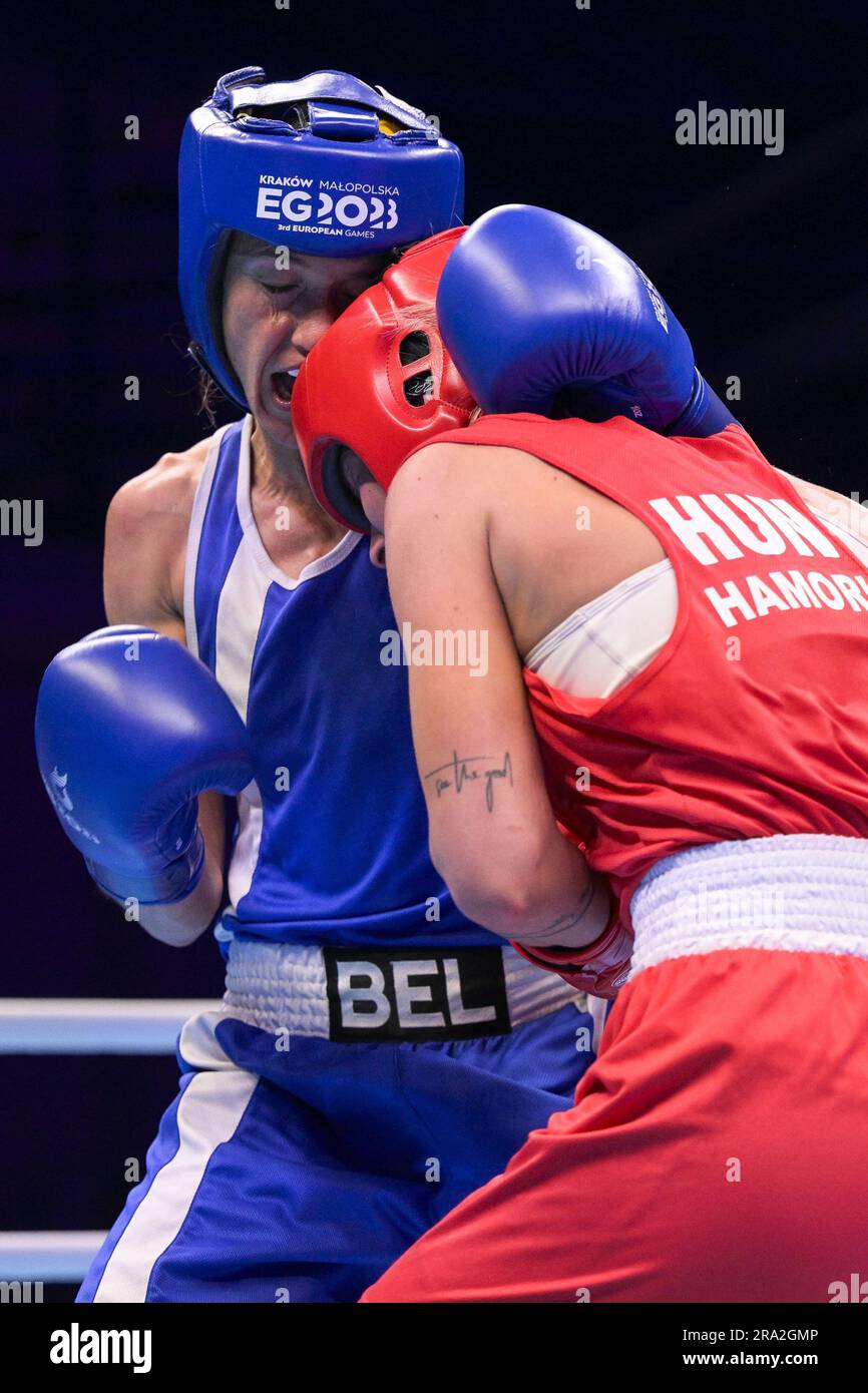 Krakow, Poland. 30th June, 2023. Belgian boxer Oshin Derieuw (in blue ...