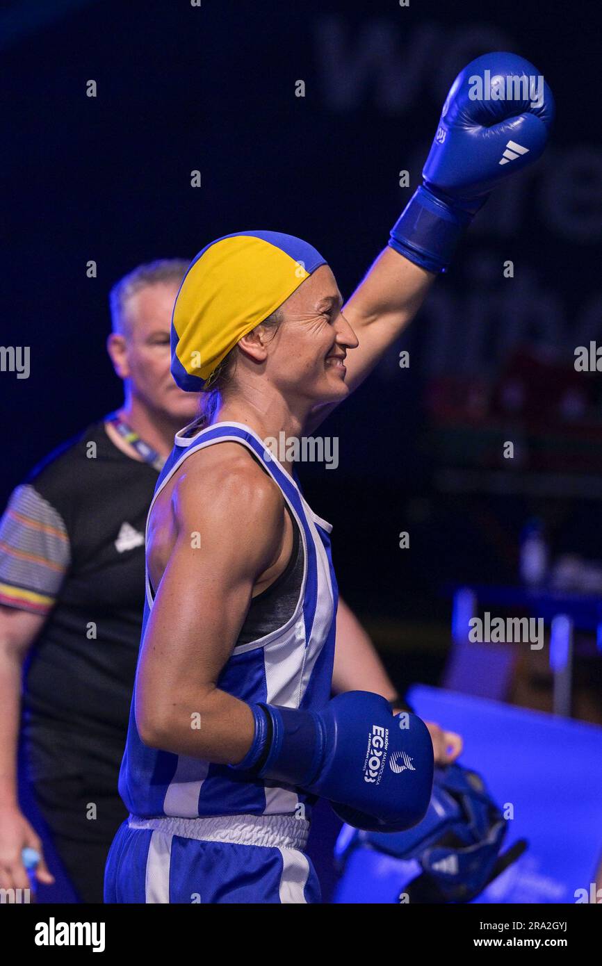 Krakow, Poland. 30th June, 2023. Belgian Boxer Oshin Derieuw reacts ...