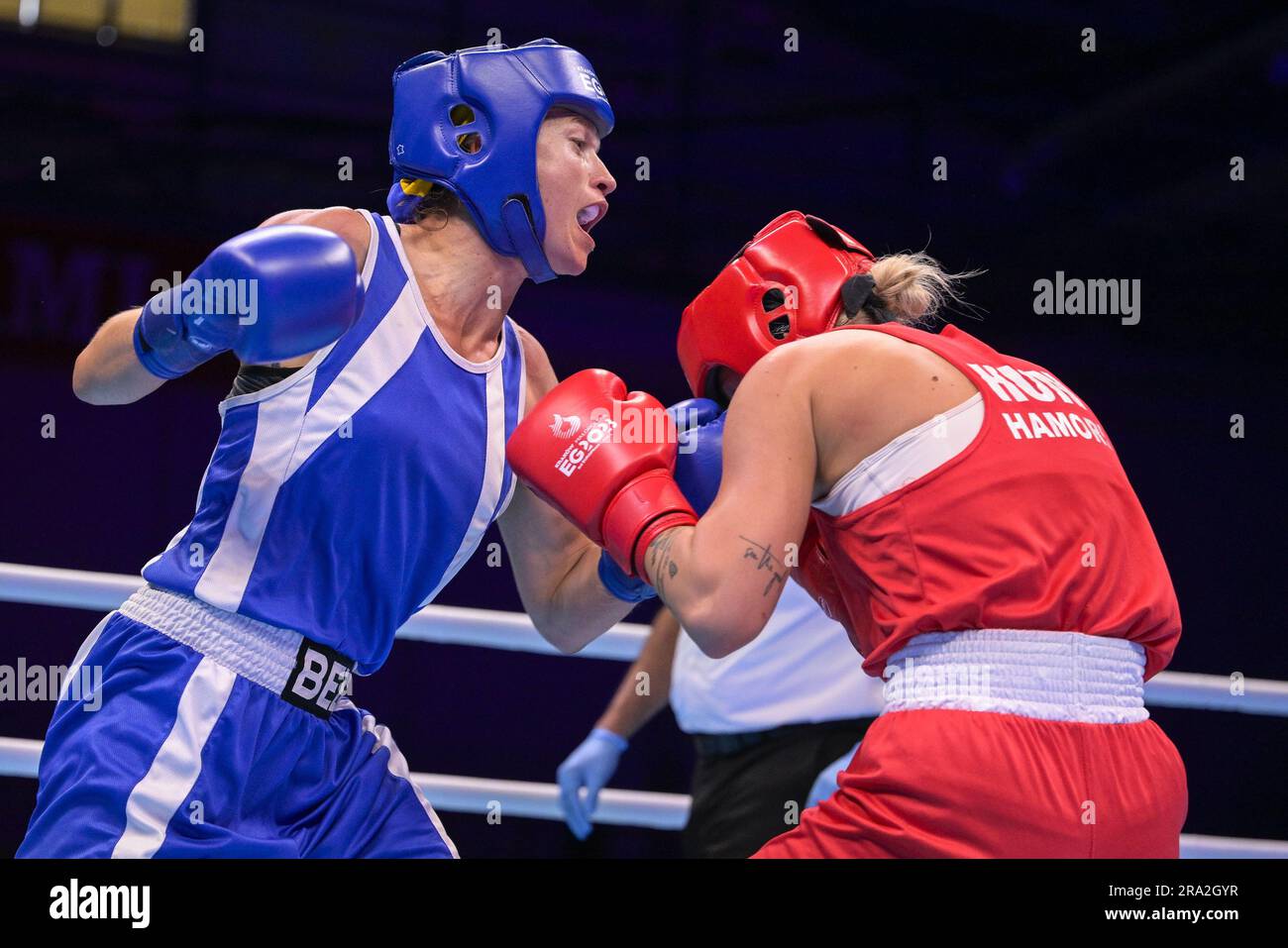 Krakow, Poland. 30th June, 2023. Belgian boxer Oshin Derieuw (in blue ...