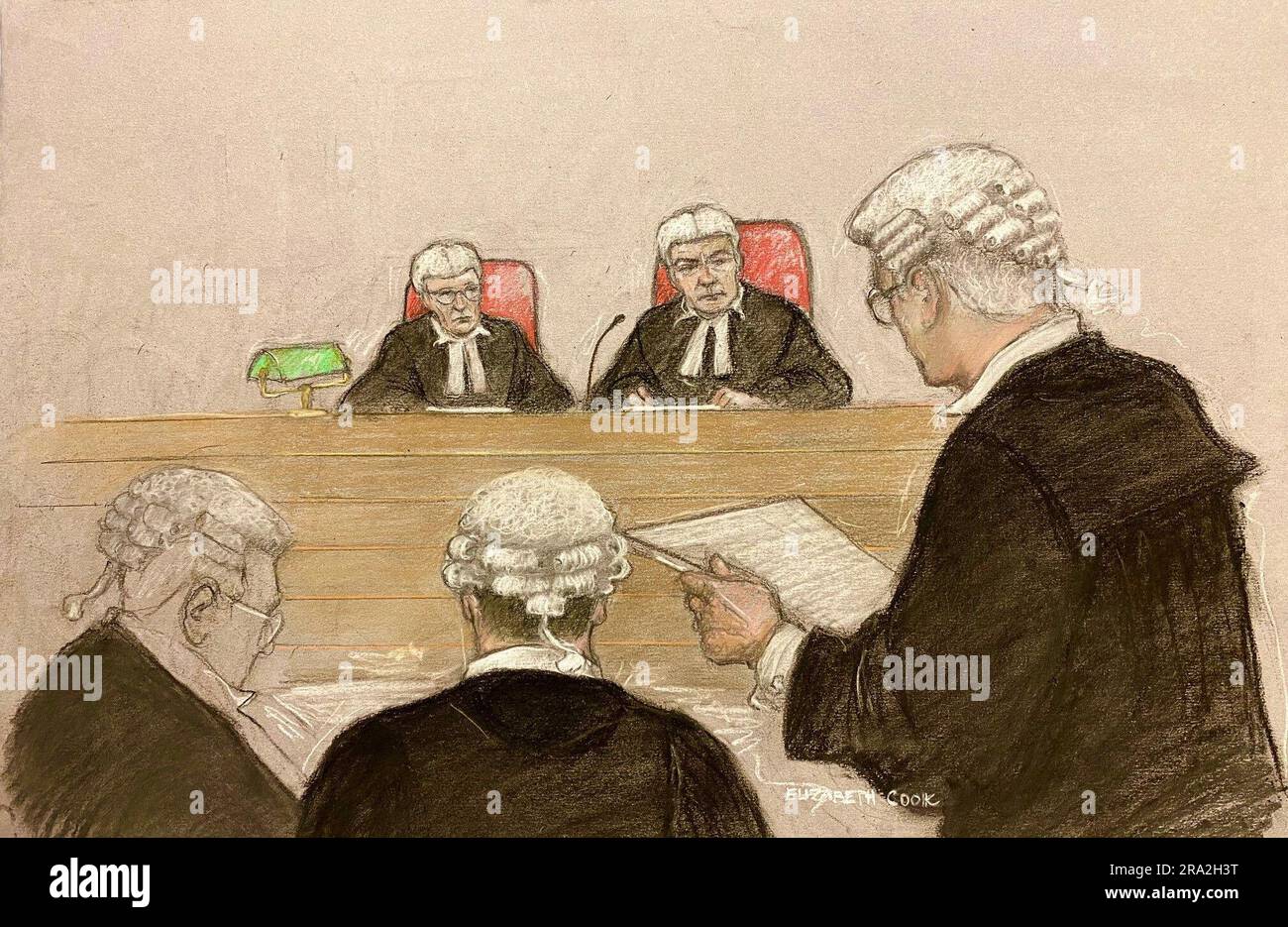 Court artist sketch by Elizabeth Cook of Sir James Eadie KC addressing ...