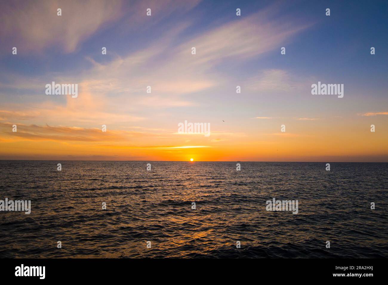 A stunning sunrise over a serene blue ocean with gentle waves rolling ...