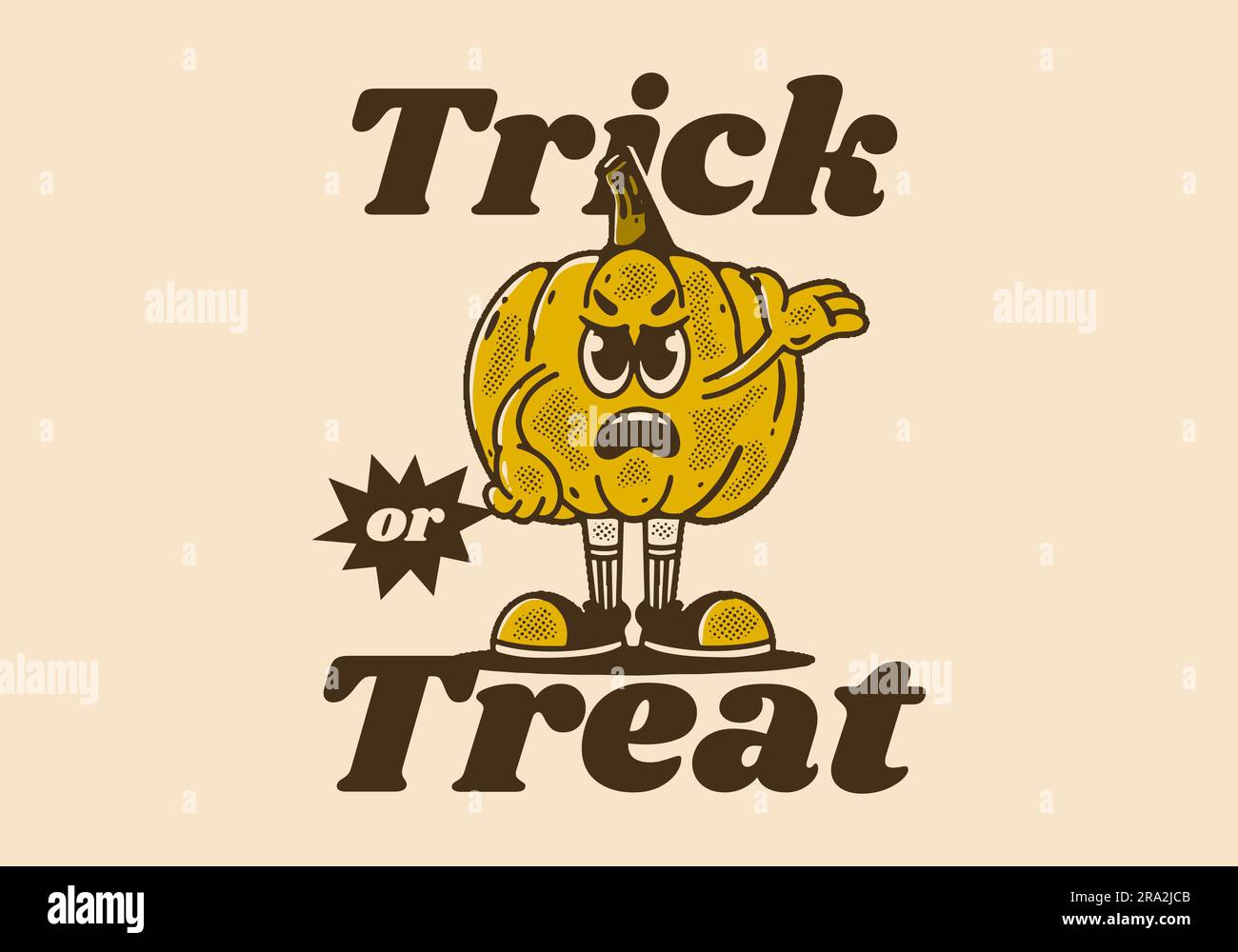 Trick or treat, Yellow pumpkin mascot character with angry face Stock ...