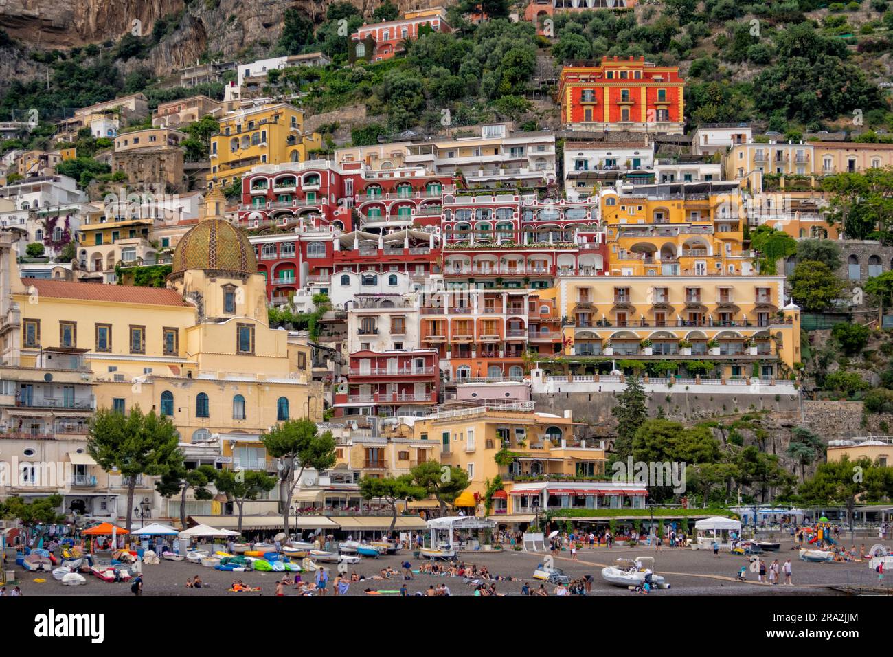 Offshore view of Positano village along Amalfi Coast in Italy in summer ...