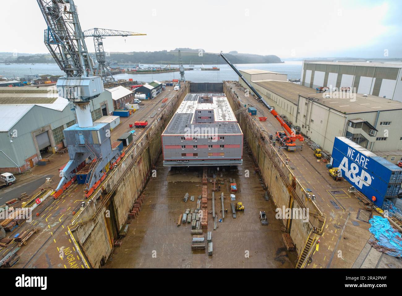 The Bibby Stockholm accommodation barge at Falmouth docks in Cornwall ...