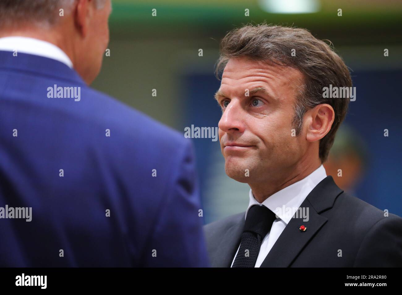 Brussels, Belgium. 29th June, 2023. French President Emmanuel Macron is ...