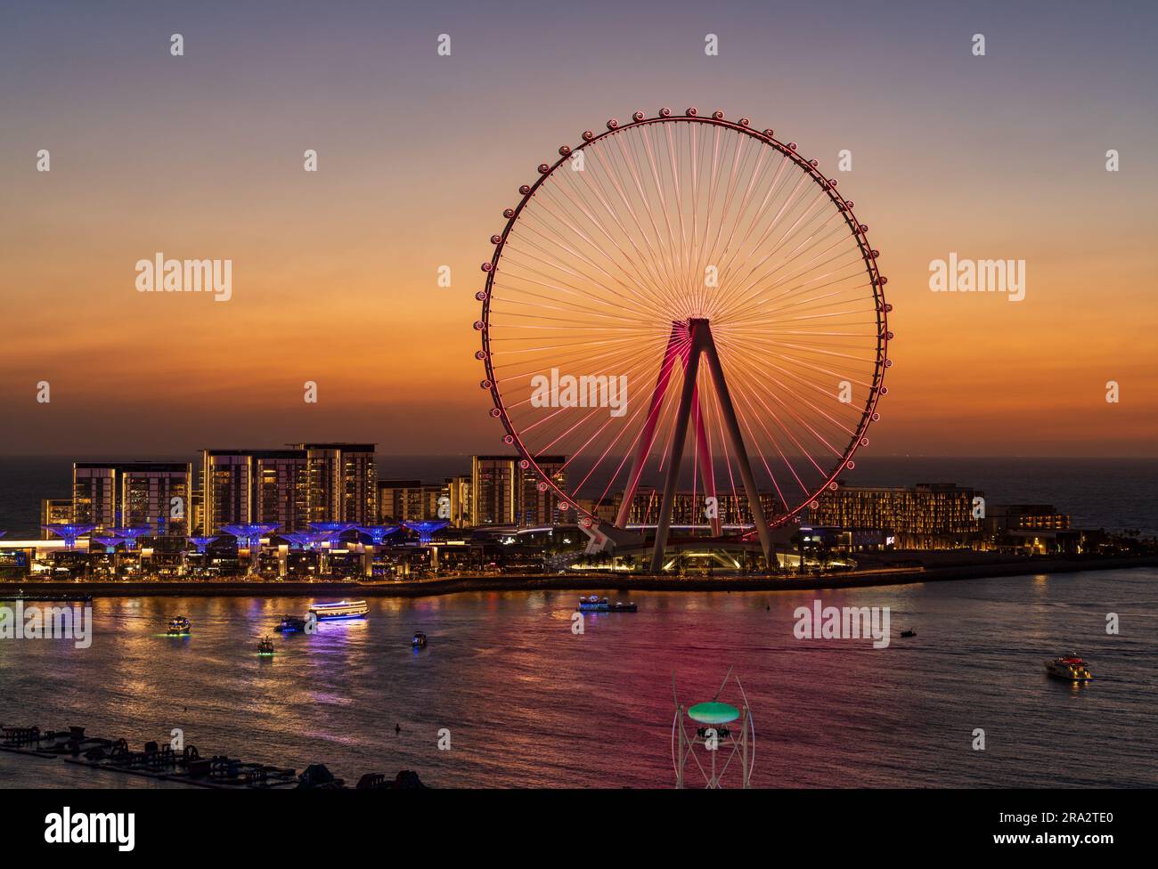 Lights on structure of Ain Dubai Observation Wheel on BlueWaters Island ...