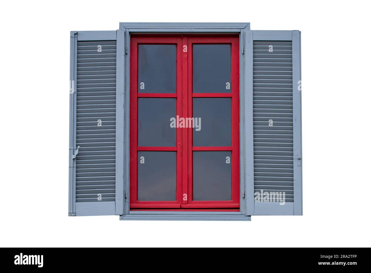 traditional red windows with grey shutters, europe, isolated, white ...